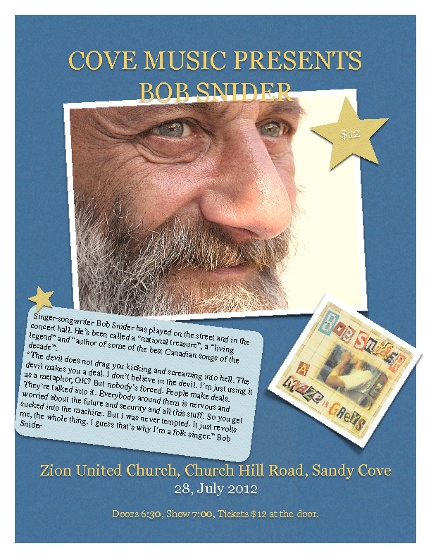 Bob Snider at Zion United Church, Sandy Cove (July 28, 2012 7pm)