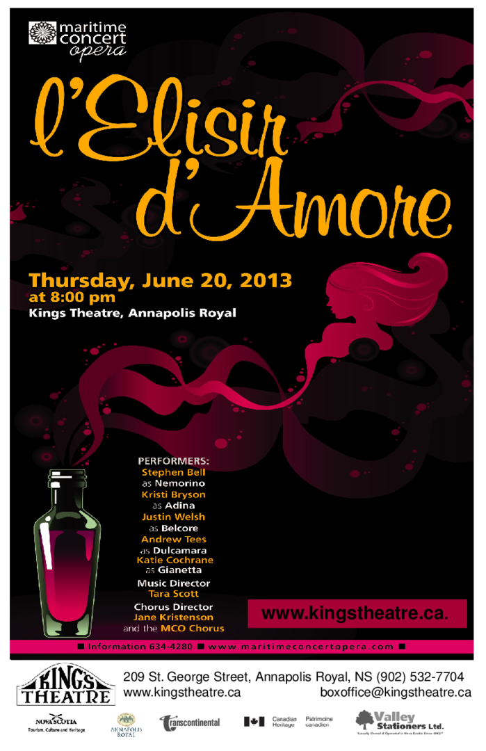 Donizetti's Opera The Elixir of Love at Kings Theatre, Annapolis Royal ...