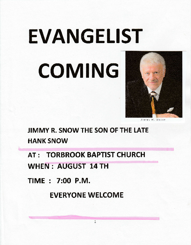 Evangelist - A Night with Jimmy R. Snow at Baptist Church, Torbrook ...