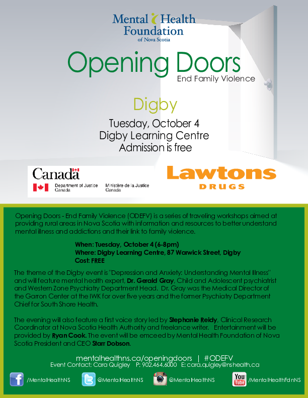 Mental Illness Workshop (Opening Doors) at NSCC Digby Learning Centre, Digby (October 4, 2016 6pm)