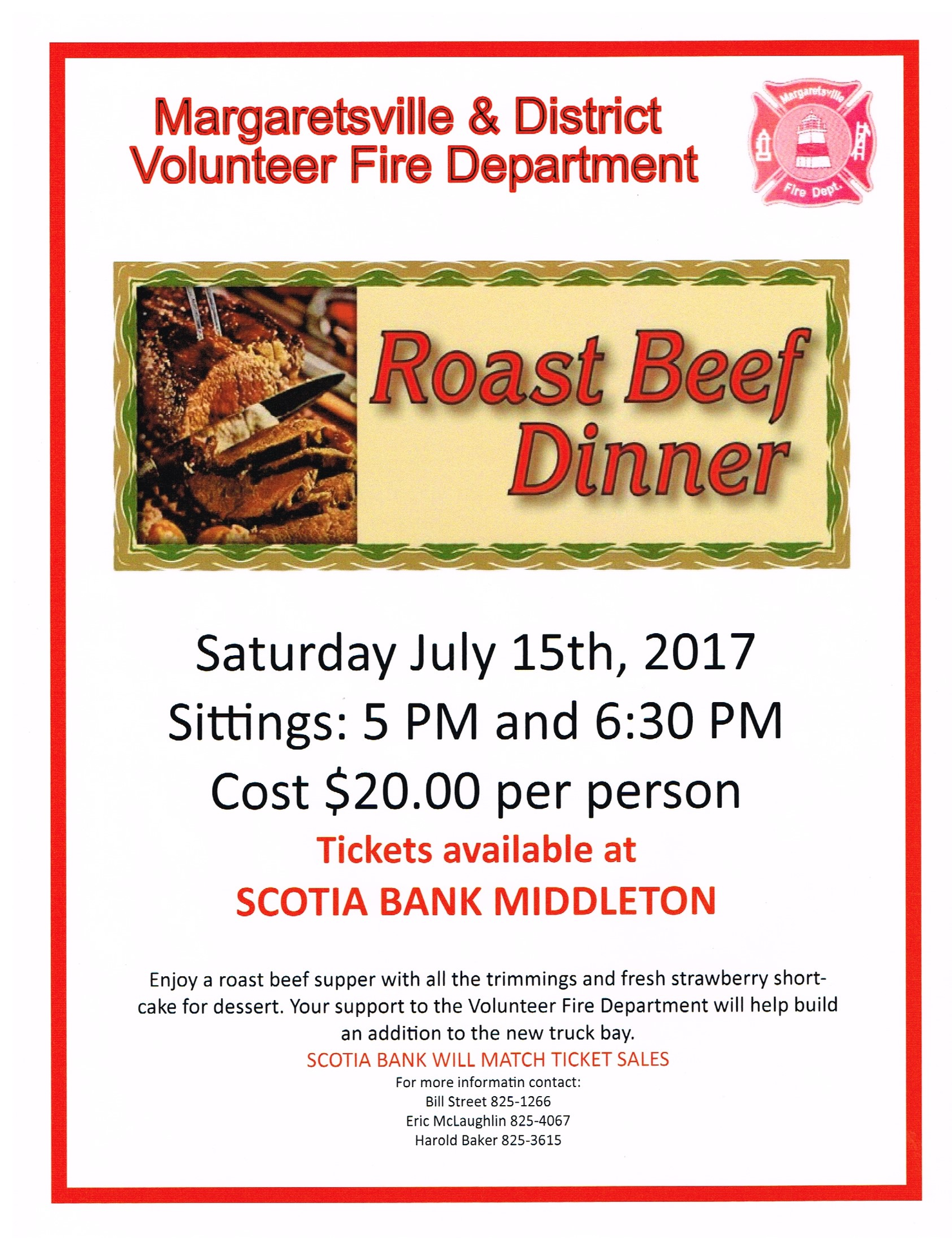 Roast Beef Supper at Fire Hall, Margaretsville (July 15, 2017 5pm)