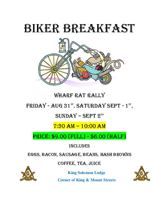 Biker Breakfast at Masonic Hall, Digby (August 31, 2018 7:30am)