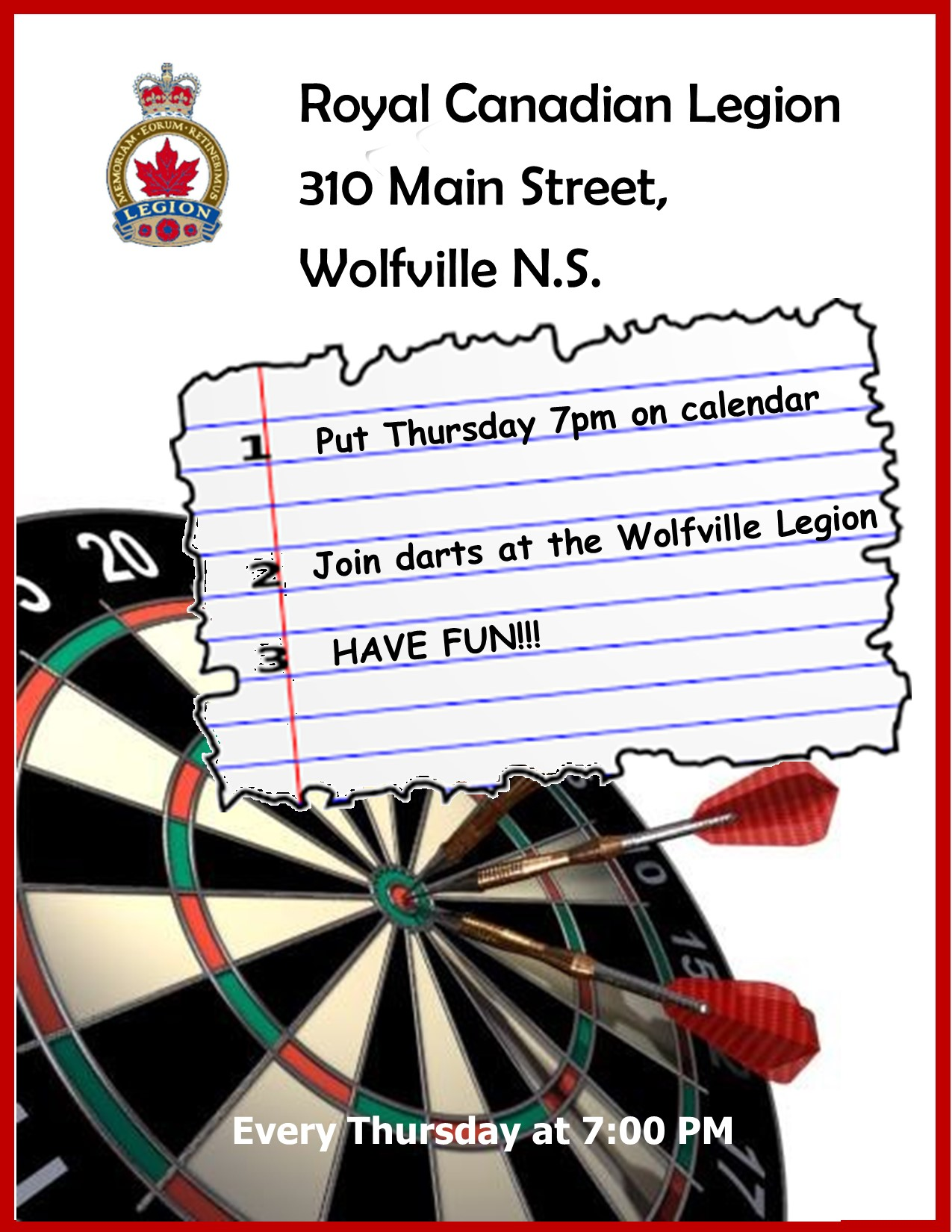 Darts at Royal Canadian Legion, Wolfville (January 30, 2020 7pm)