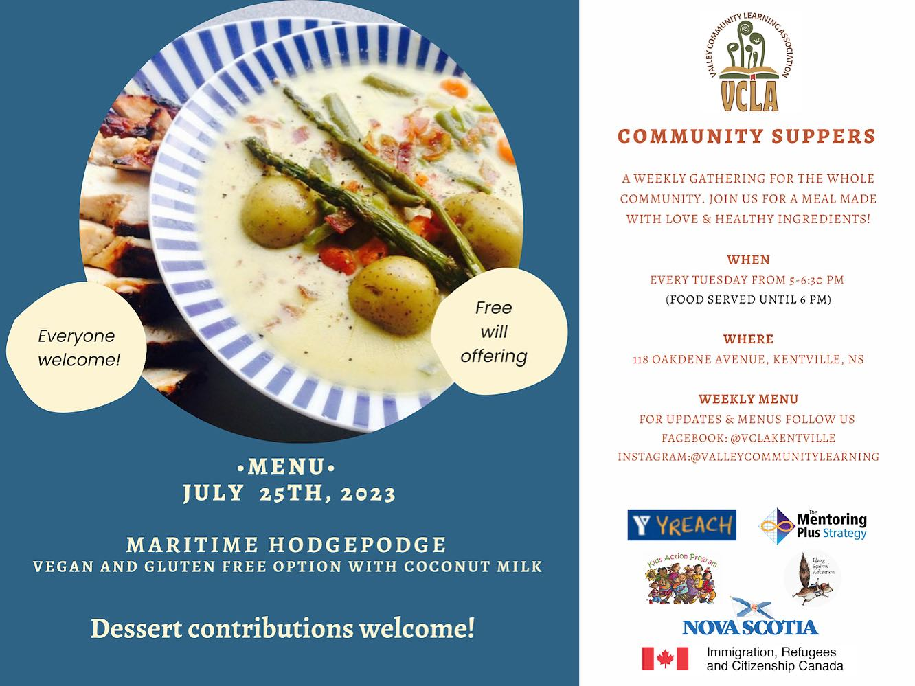 Community Supper at VCLA Community Hub, Kentville (July 25, 2023 5pm)