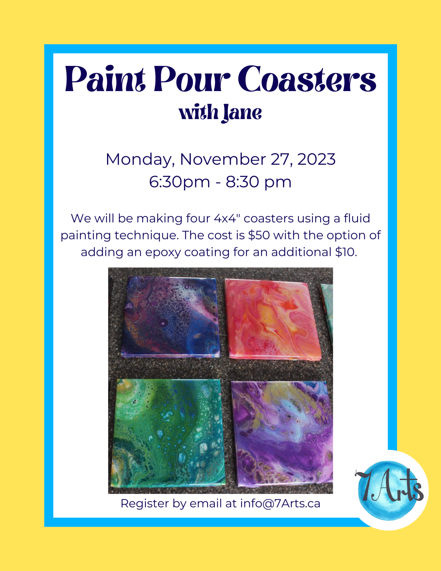 Paint Pour Coasters at 7 Arts, Greenwood (November 27, 2023 6:30pm)