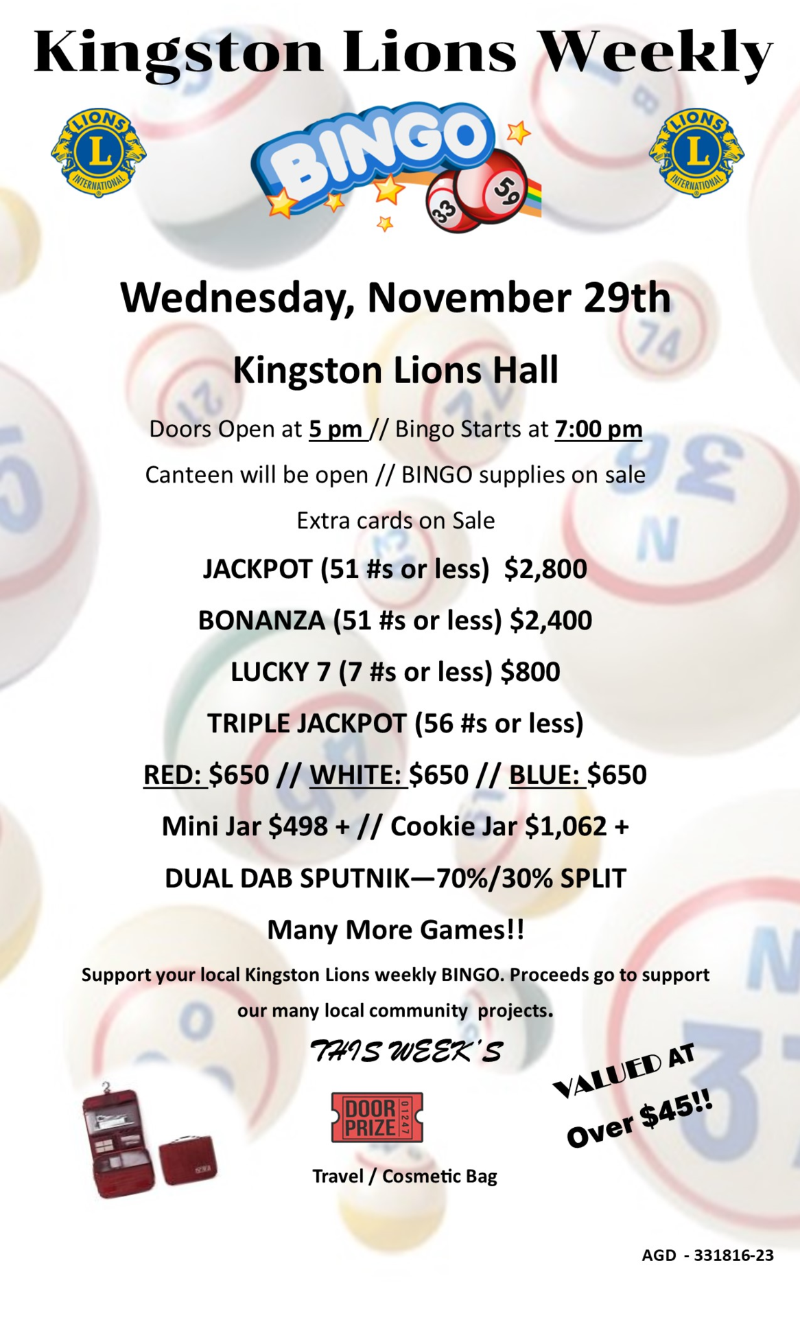 Weekly Bingo at Lions Club, Kingston (November 29, 2023 7pm)
