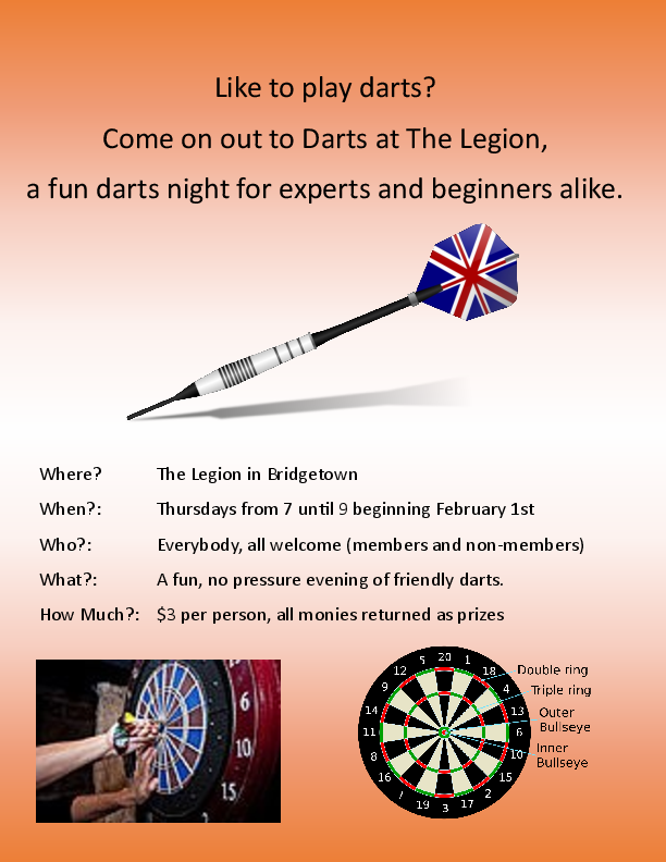 Fun Darts at Royal Canadian Legion, Bridgetown (February 1, 2024 7pm)