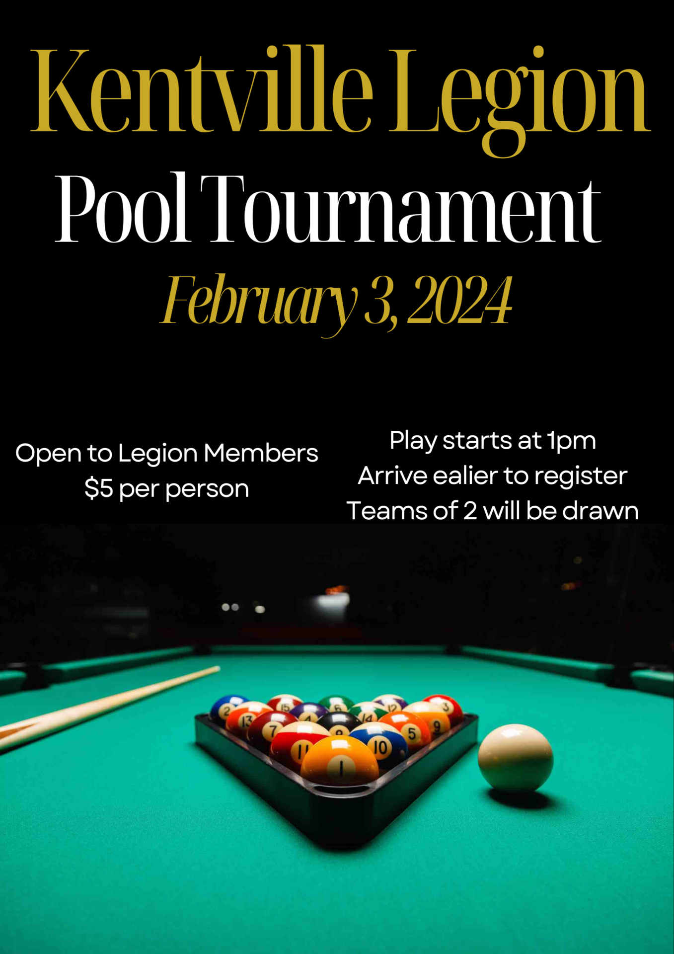 Pool Tournament at Royal Canadian Legion, Kentville (February 3, 2024 1pm)