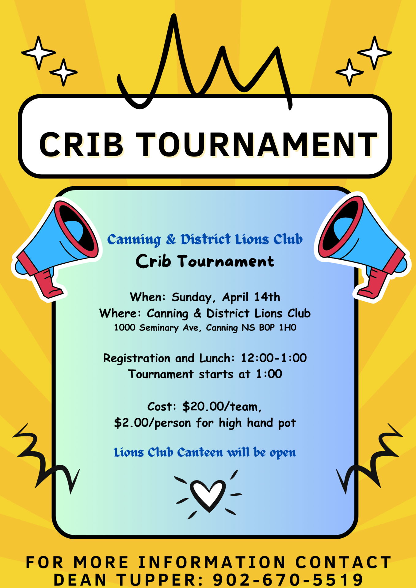 Crib Tournament at Lions Club, Canning (April 14, 2024 1pm)