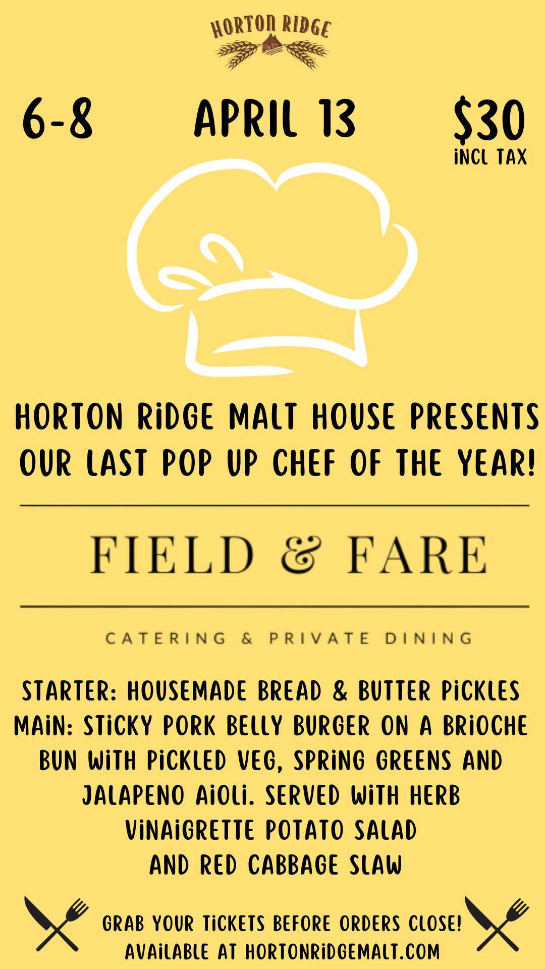 Pop Up Chef - Field & Fare Catering at Horton Ridge Malt & Grain ...