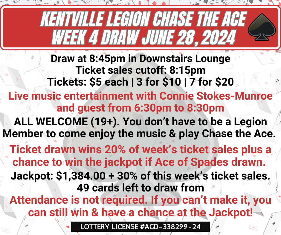 Chase the Ace at Royal Canadian Legion, Kentville (June 28, 2024 6:30pm)